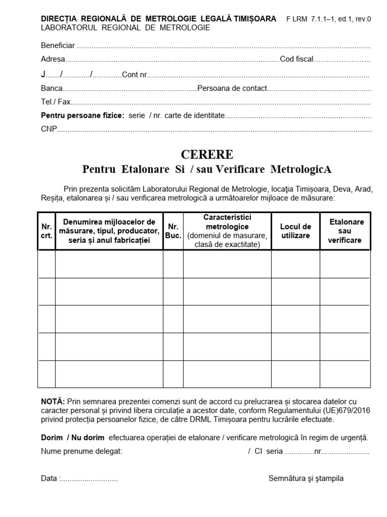 Cerere de Etalonare-Verificare Metrologica, Ed.1, Rev.0, 2019 | PDF