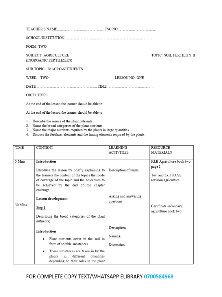 Agriculture Lesson Plan: Soil Fertility | PDF