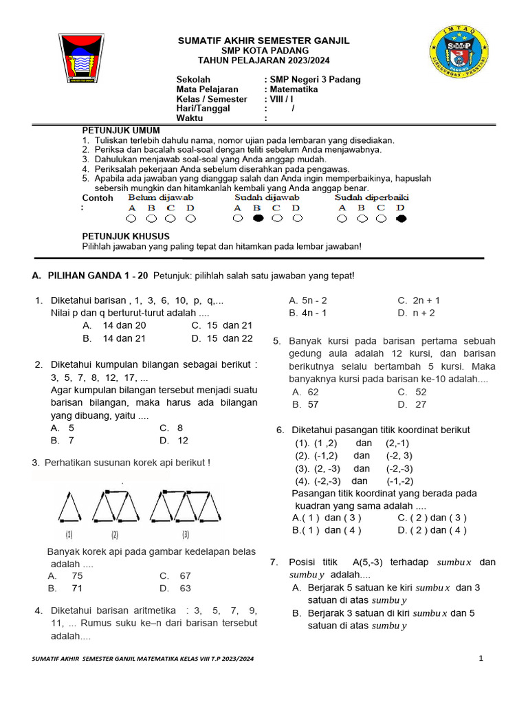 Soal Pas SMT I KLS 8 2023-2024 | PDF