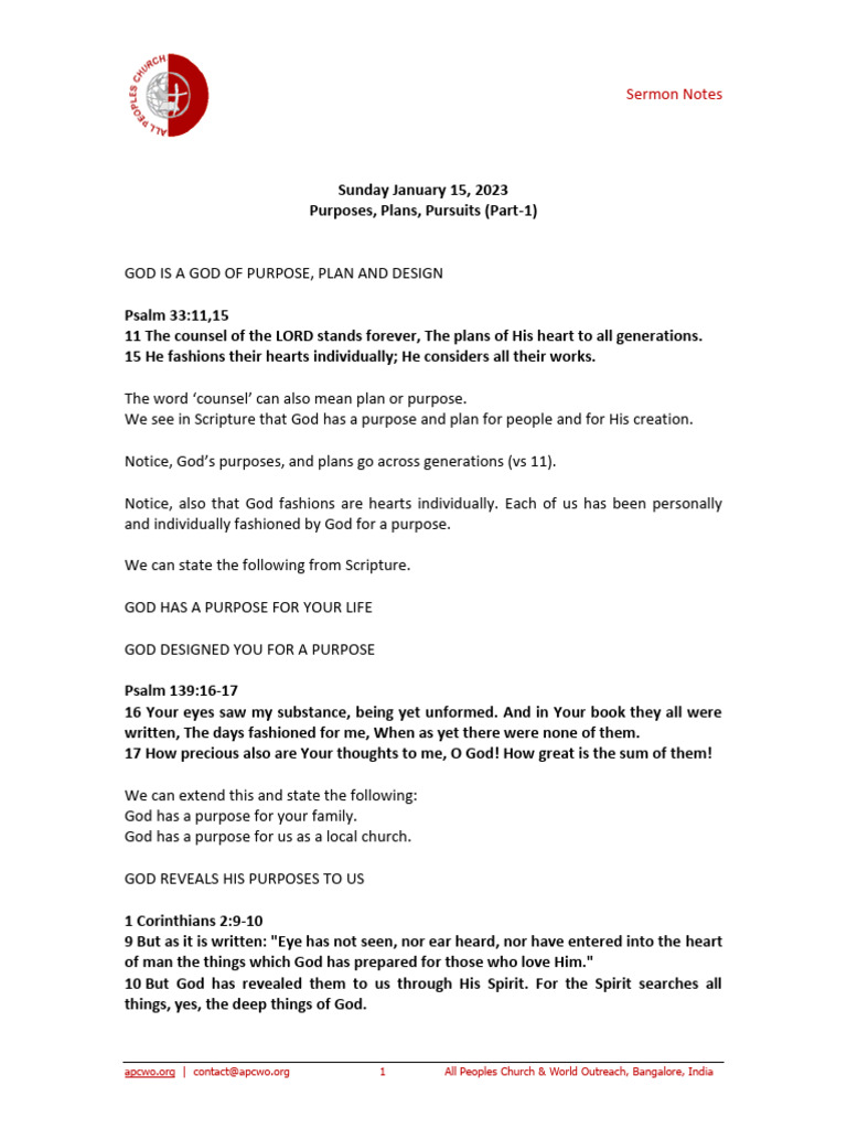 Purposes Plans Pursuits Part 1 Ps Ashish Raichur | PDF | Prayer | Sermon