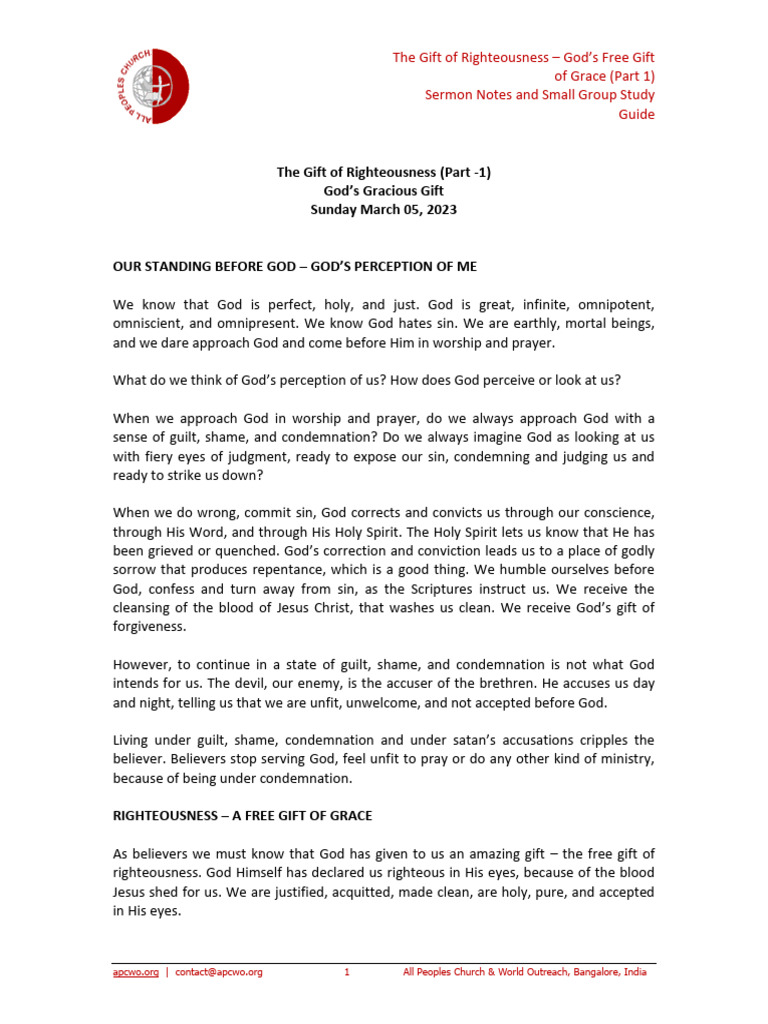 The Gift of Righteousness Gods Gracious Gift Part 1 Ps Ashish Raichur ...