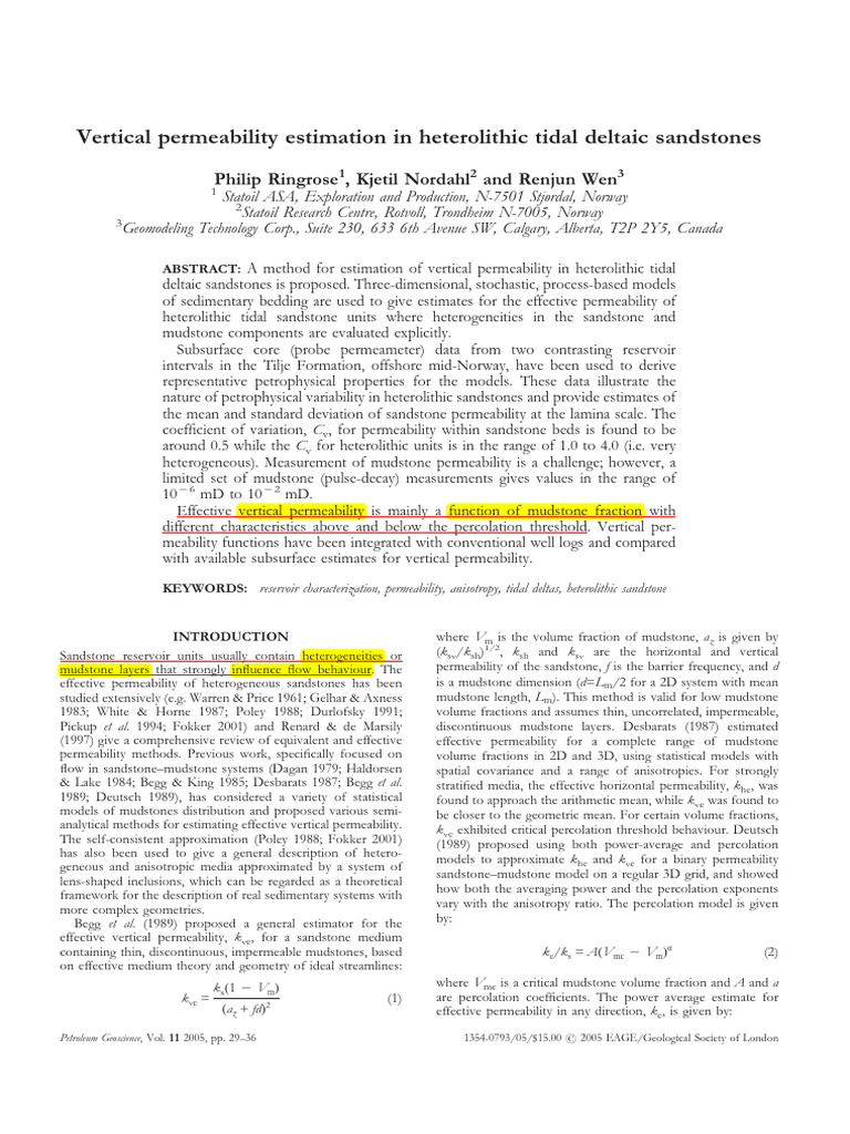 Vertical Permeability Estimation in Heterolithic Tidal Deltaic Sandstones | PDF | Permeability ...