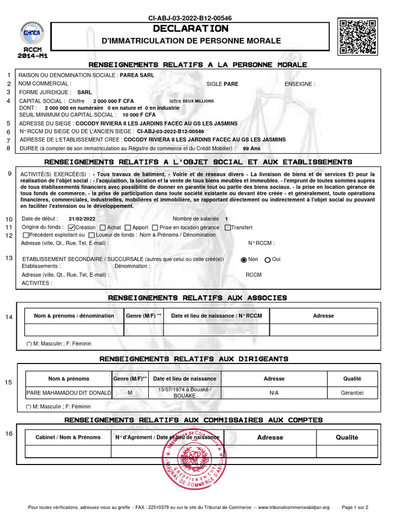 1 - RC (Registre de Commerce) | PDF | Greffier | Business