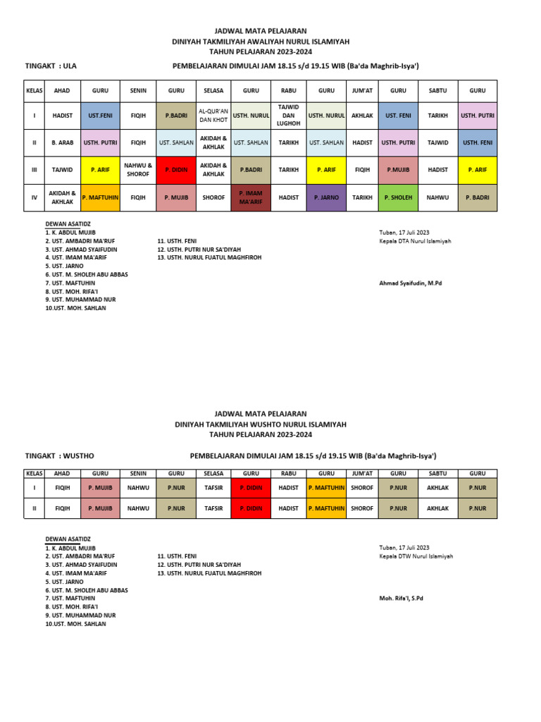 Jadwal Pelajaran Diniyah 2023-2024 (Ula Dan Wustho) | PDF