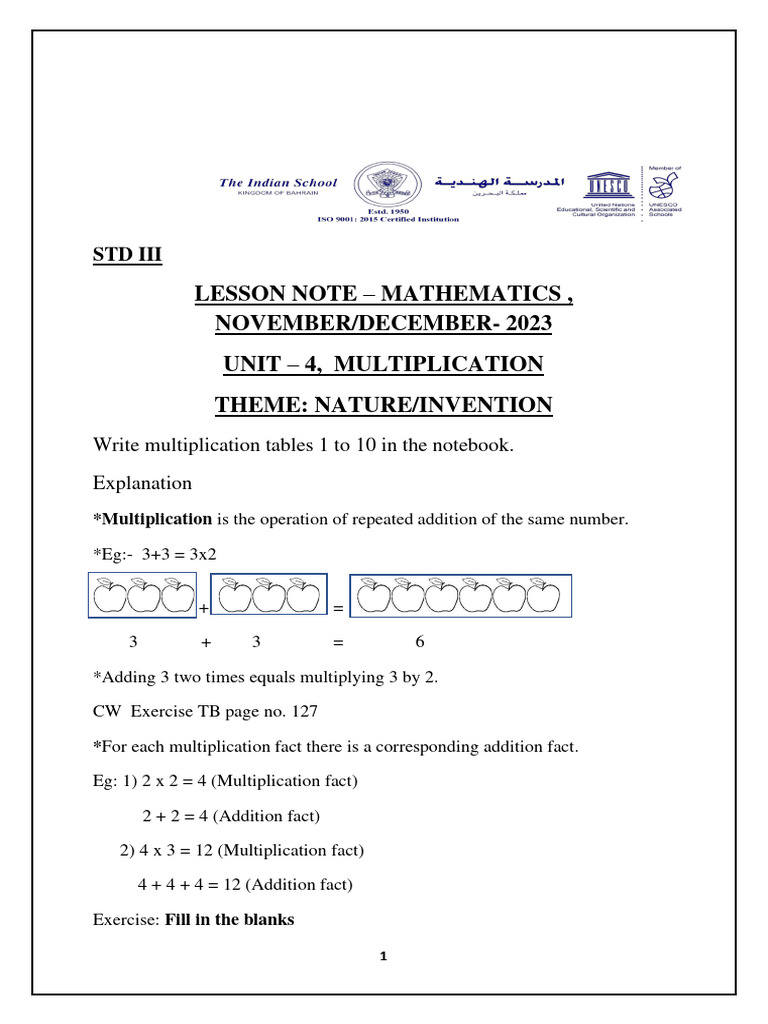 Class 3 Lesson Notes | PDF | Multiplication | Crossword