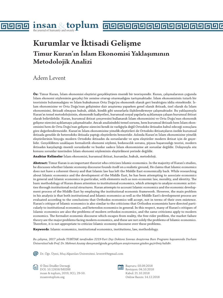 Timur Kuran'in İslam Ekonomisi Yaklaşımının Metodolojik Analizi - Adem ...