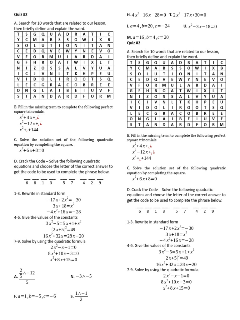 Quiz 2 Quadratic Formula | PDF | Quadratic Equation | Mathematical Analysis