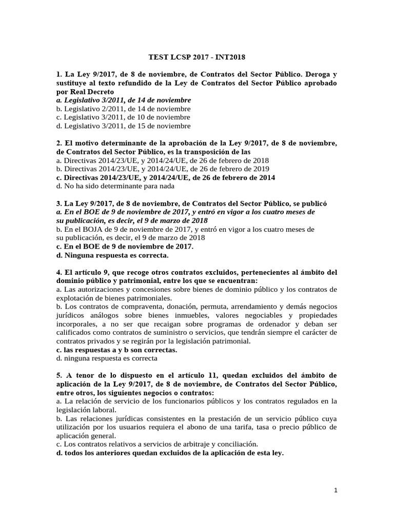 Test LCSP 2017 Int2018 | Descargar gratis PDF | Bienes | Economias