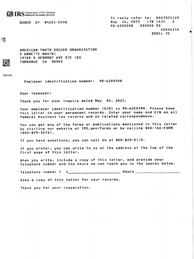 My EIN Verification 147C Letter | PDF