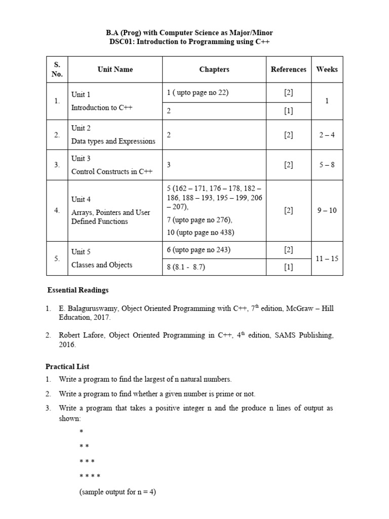 Guidelines For Introduction To Programming Using C++ BA-DSC1-1 | PDF