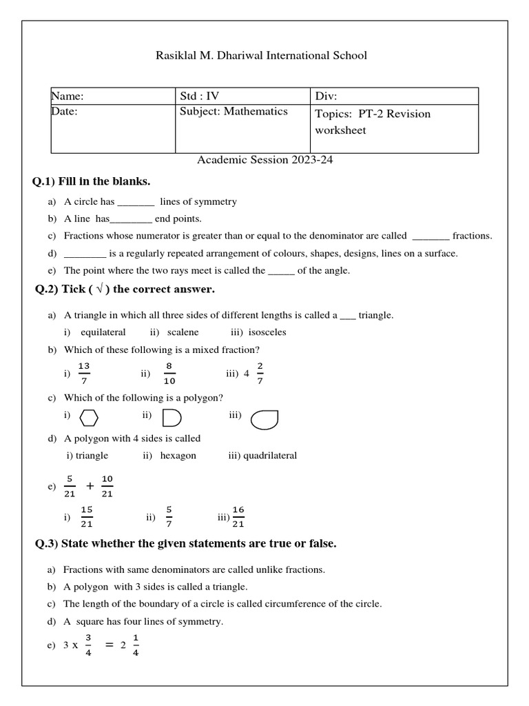 Std. 4h Maths PT-2 Revision Worksheet-1.1703836844 | PDF