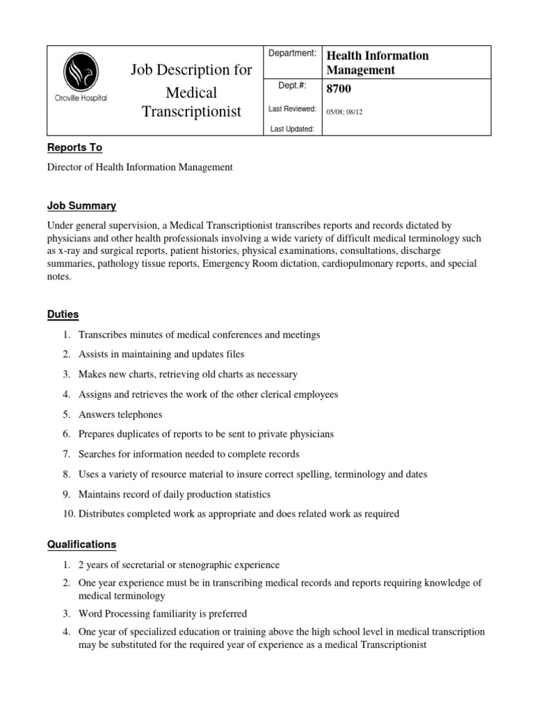Medical Transcriptionist Job Overview | PDF