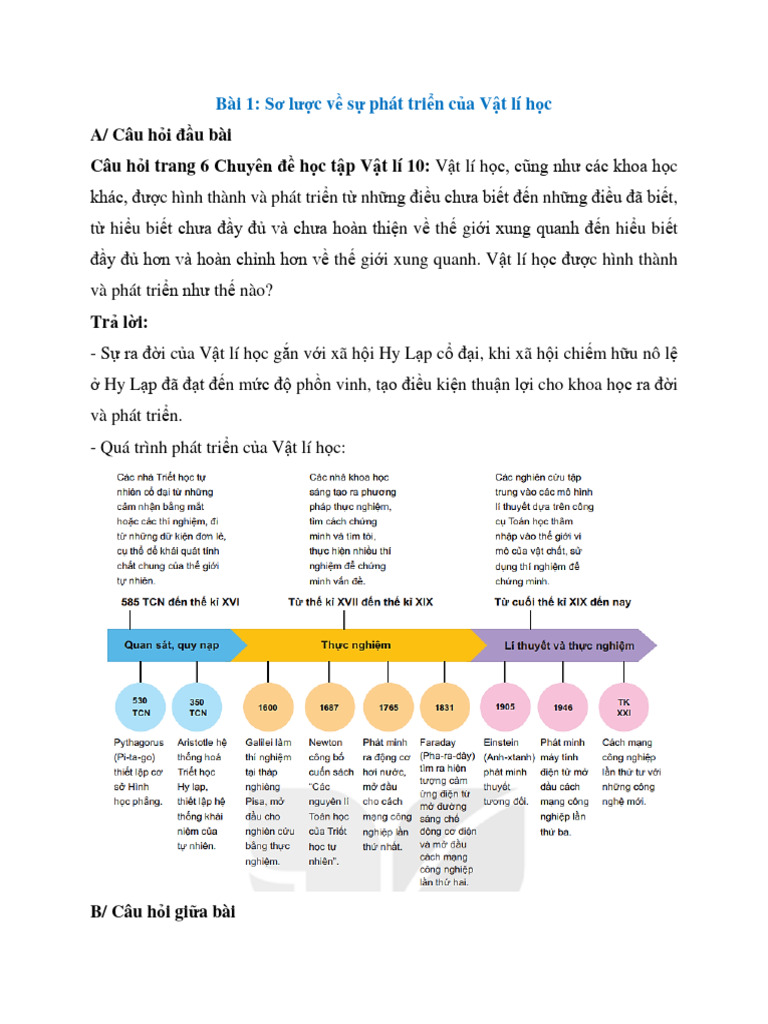 Chuyen de Vat Li 10 Bai 1 So Luoc Ve Su Phat Trien Cua Vat Li Hoc Ket | PDF