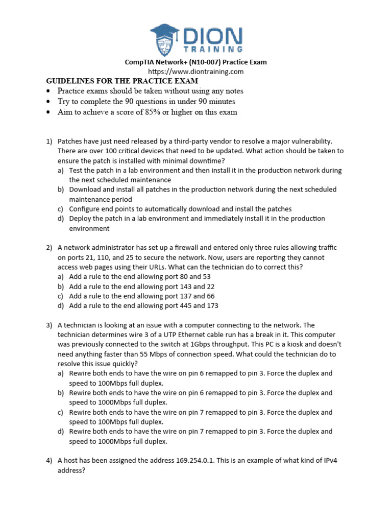 CompTIA Network+ Cert (N10-007) Practice Exam | PDF | Computer Network ...