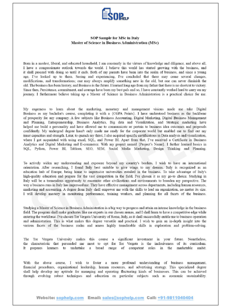 Sample Sop For Master of Science in Business Administration Italy PDF | PDF