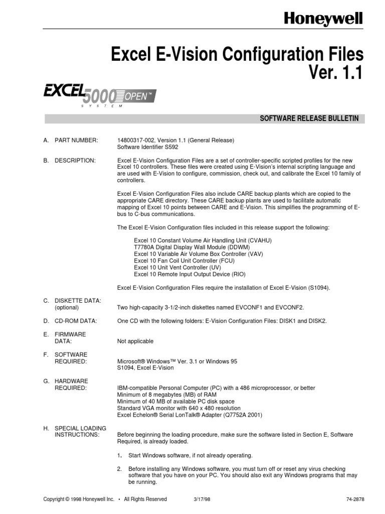 Excel E-Vision Configuration Files Ver. 1.1: Software Release Bulletin ...