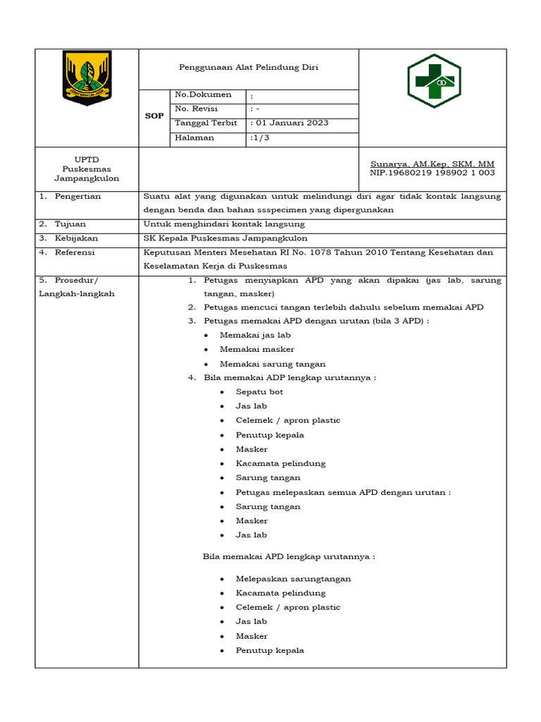SOP Penggunaan APD | PDF