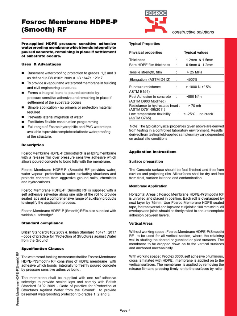TDS Fosroc Membrane HDPE PSmoothRF India5 | PDF