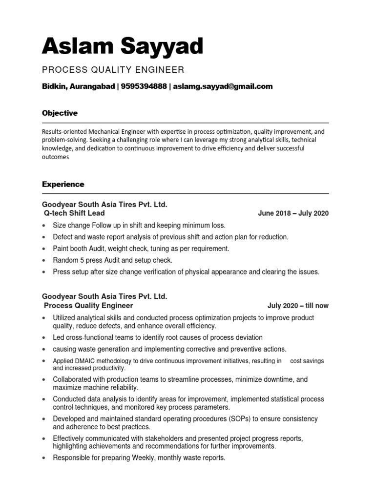 Aslam Sayyad Process Quality Engineer | PDF | Business