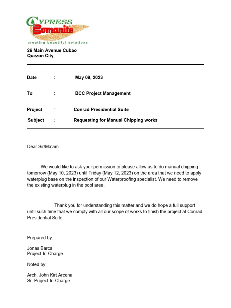 Request For Manual Chipping Works | PDF
