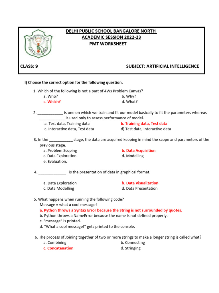 Worksheet For Grade 9 AI | PDF | Teaching Methods & Materials ...