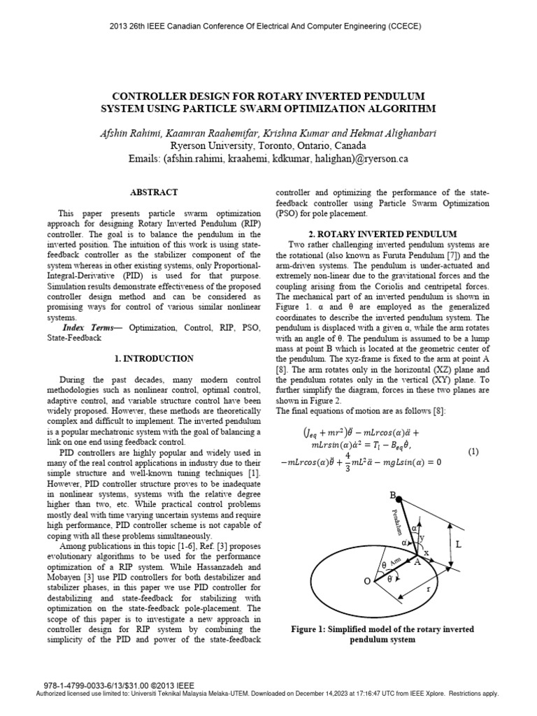 Controller Design For Rotary Inverted Pendulum System Using Particle Swarm Optimization