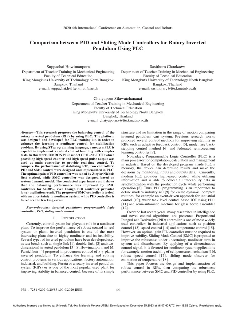 Comparison Between PID and Sliding Mode Controllers For Rotary Inverted Pendulum Using PLC | PDF
