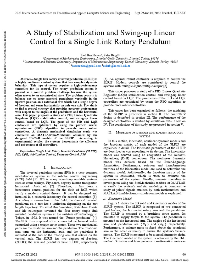 A Study of Stabilization and Swing-Up Linear Control For A Single Link ...