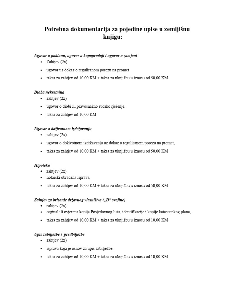 Dokumentacija I Trosak Upisa U Zemljišne Knjige Tuzla | PDF