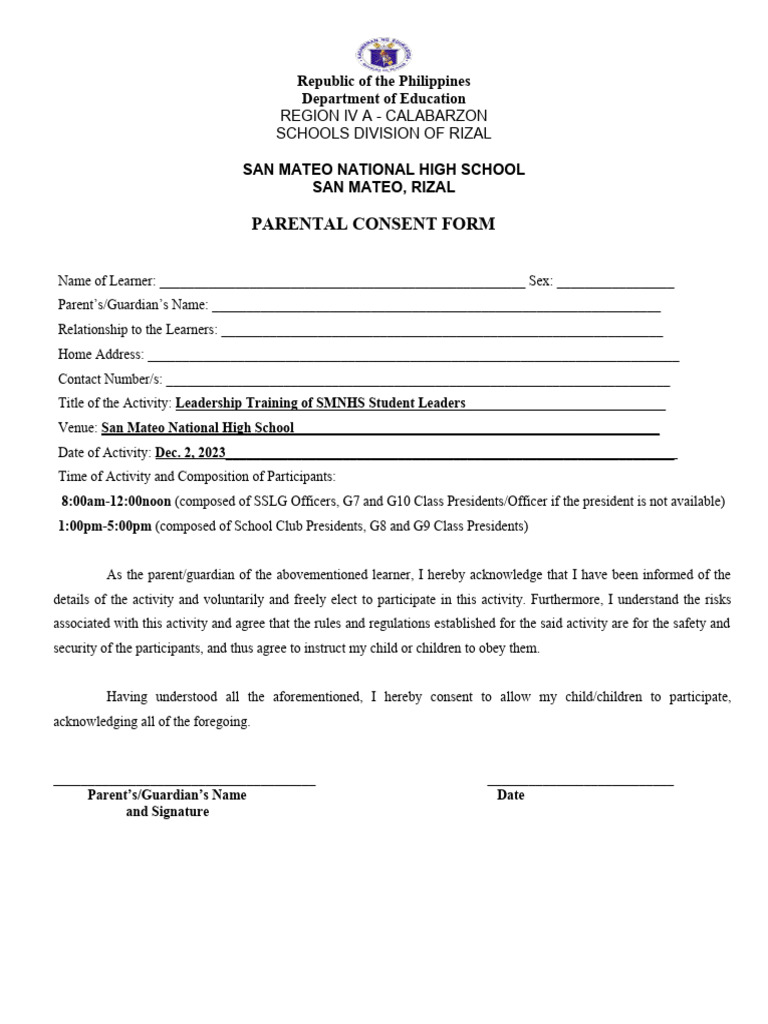 Parental Consent Form Leadership Training | PDF