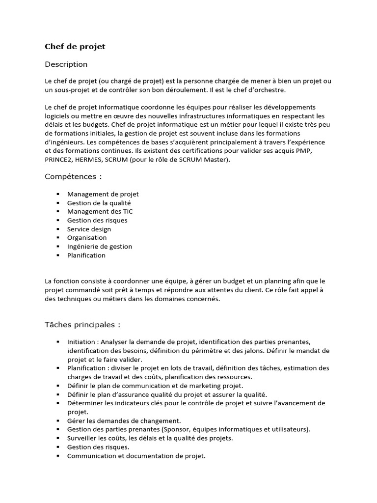 Fiche Métier Chef de Projet | PDF | Chef de projet | Gestion de projet