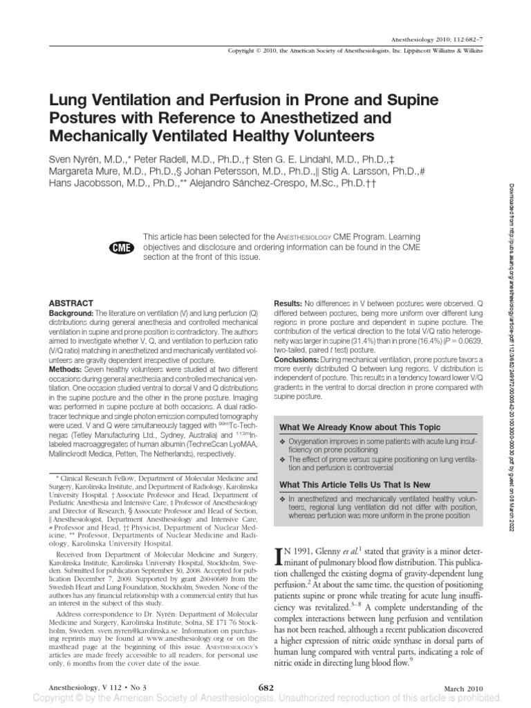 Lung Ventilation and Perfusion in Prone and Supine Postures With ...