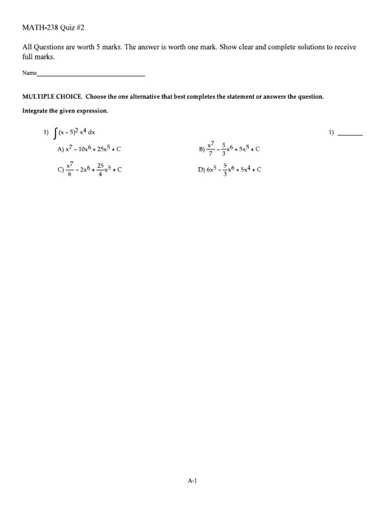 Math 238 Quiz 2 v2 A PR | PDF