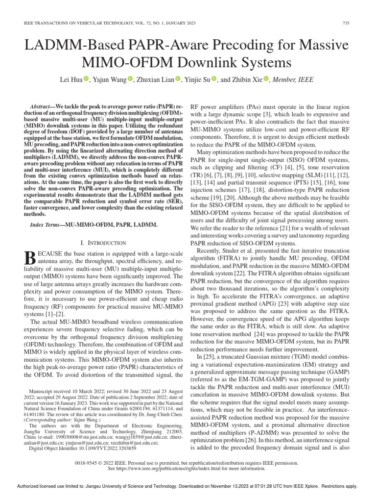 Ladmm Based Papr Aware Precoding For Massive Mimo Ofdm Downlink Systems Pdf