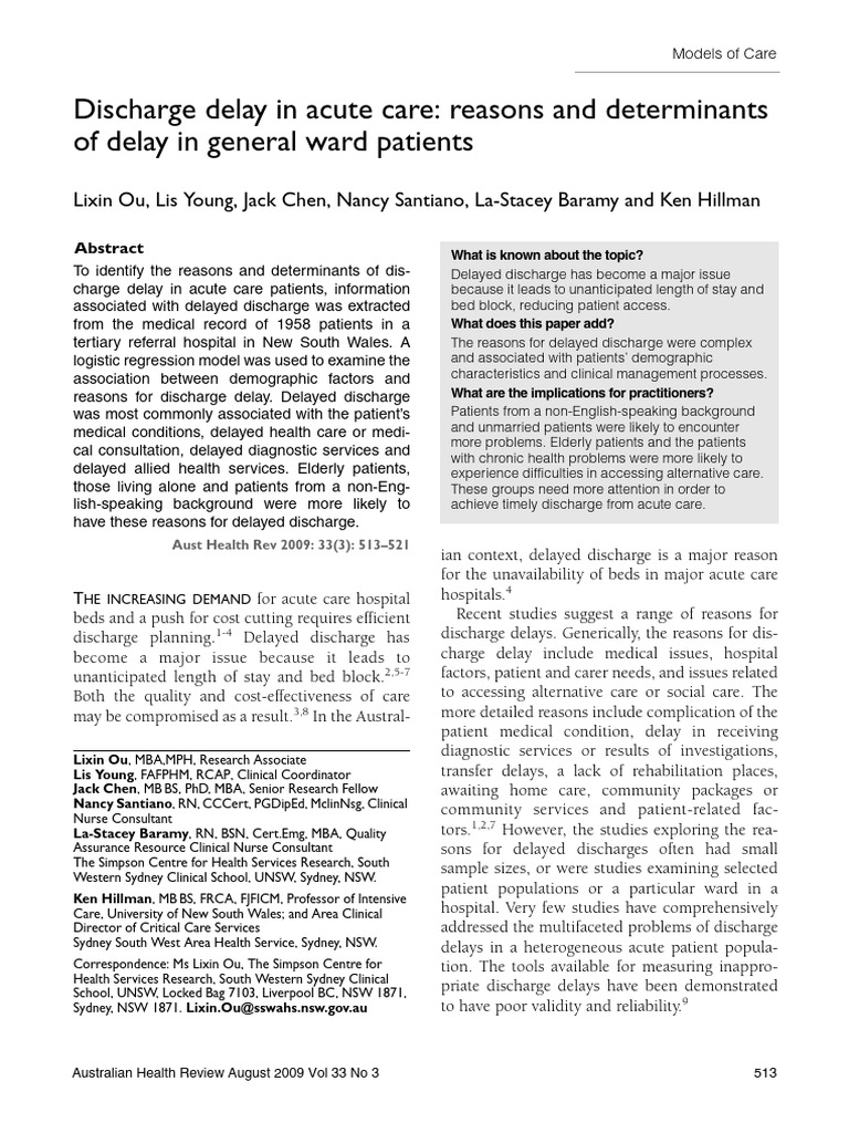 Discharge Delay in Acute Care Reasons and Determinants | PDF | Health ...