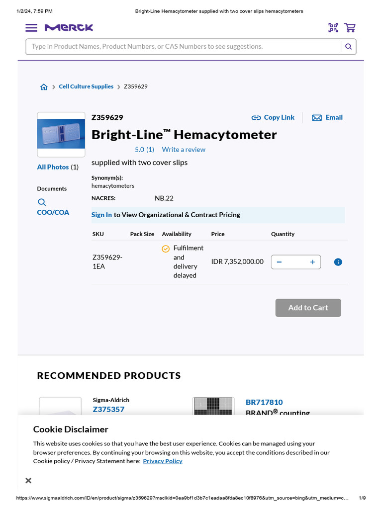 Bright-Line Hemacytometer Supplied With Two Cover Slips Hemacytometers ...