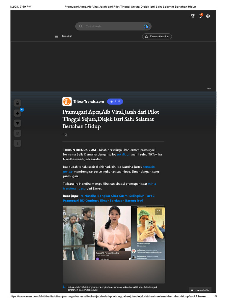 Pramugari Apes, Aib Viral, Jatah Dari Pilot Tinggal Sejuta, Diejek Istri Sah - Selamat Bertahan ...