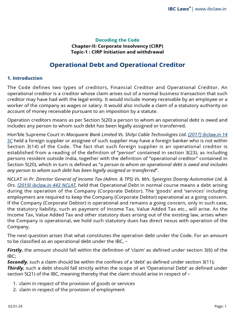 Operational Debt and Operational Creditor | PDF