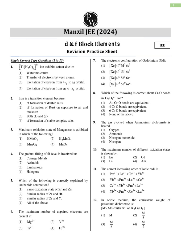 D and F Block Elements Practice Sheet | PDF | Chemical Bond | Electron Configuration