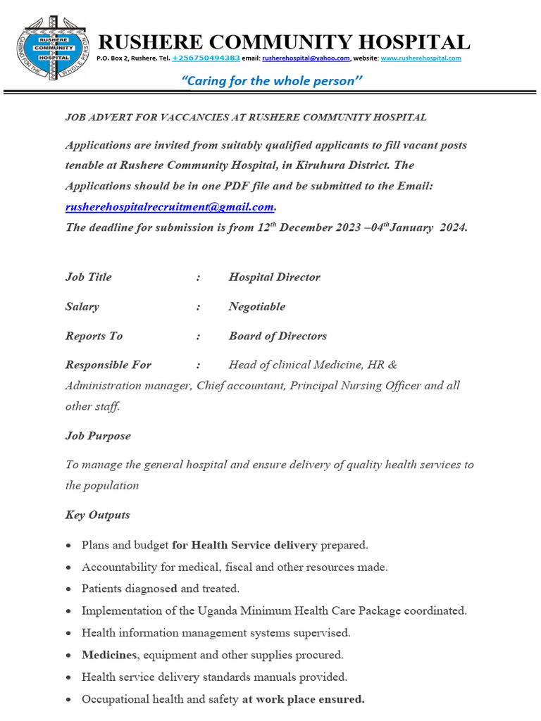 Job Vacancies at Rushere Community Hospital | PDF | Nursing | Health Care