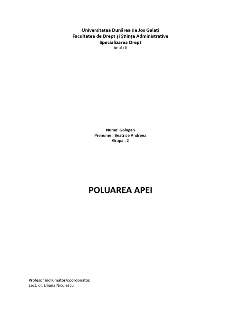 Proiect Poluarea Apei Gologan | PDF