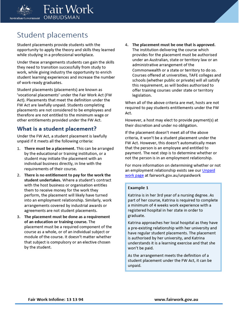 Fair Work Student Placement Fact Sheet | PDF | Employment | Business