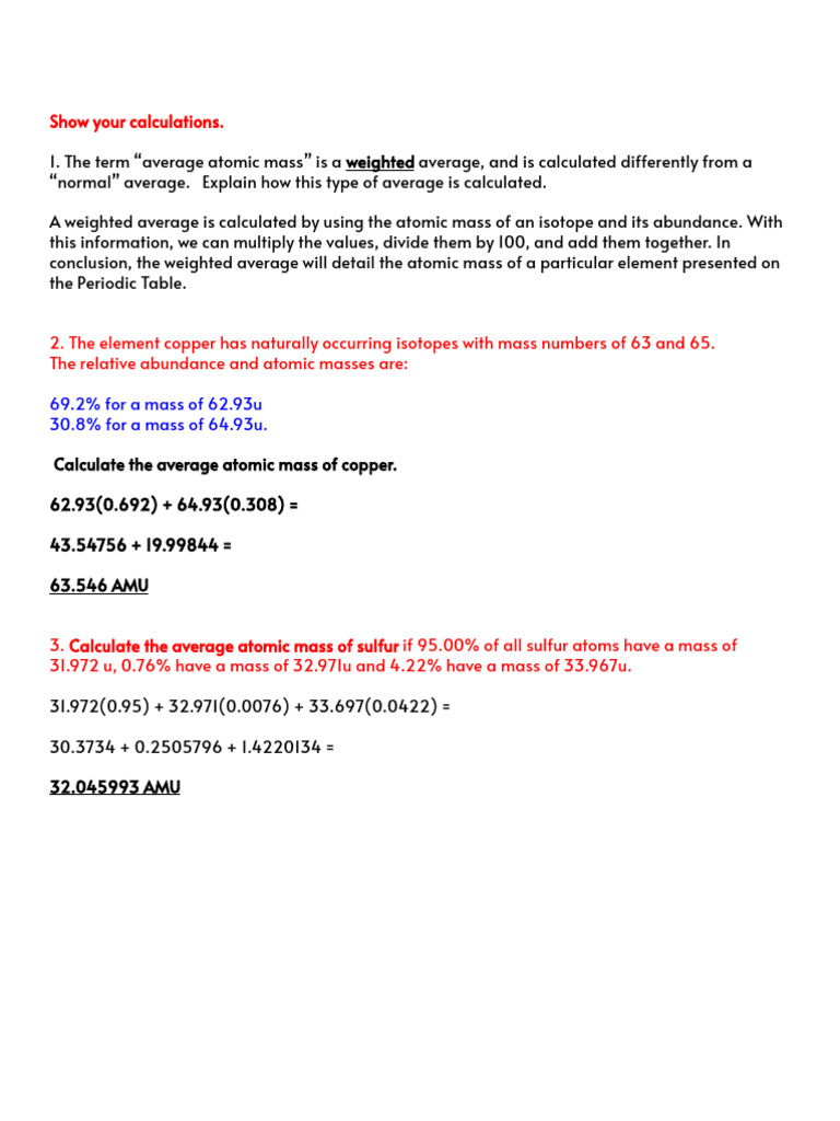 Aahan Batra - 3.3 - Calculating Average Atomic Mass Worksheet 9-24-15 | PDF Aahan Batra - 3.3 - Calculating Average Atomic Mass Worksheet 9-24-15 | PDF
