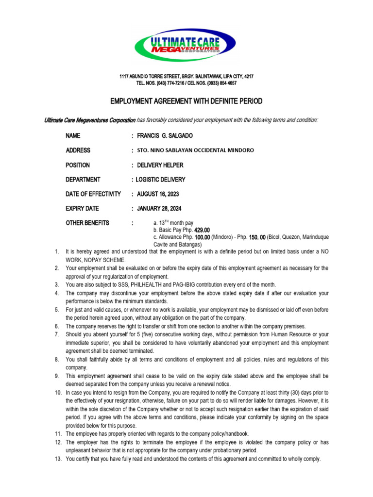 Probationary Contract UCMC Employee SALGADO FRANCIS | PDF | Employment ...