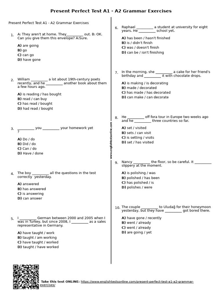 456 - Present Perfect Test A1 A2 Grammar Exercises | PDF