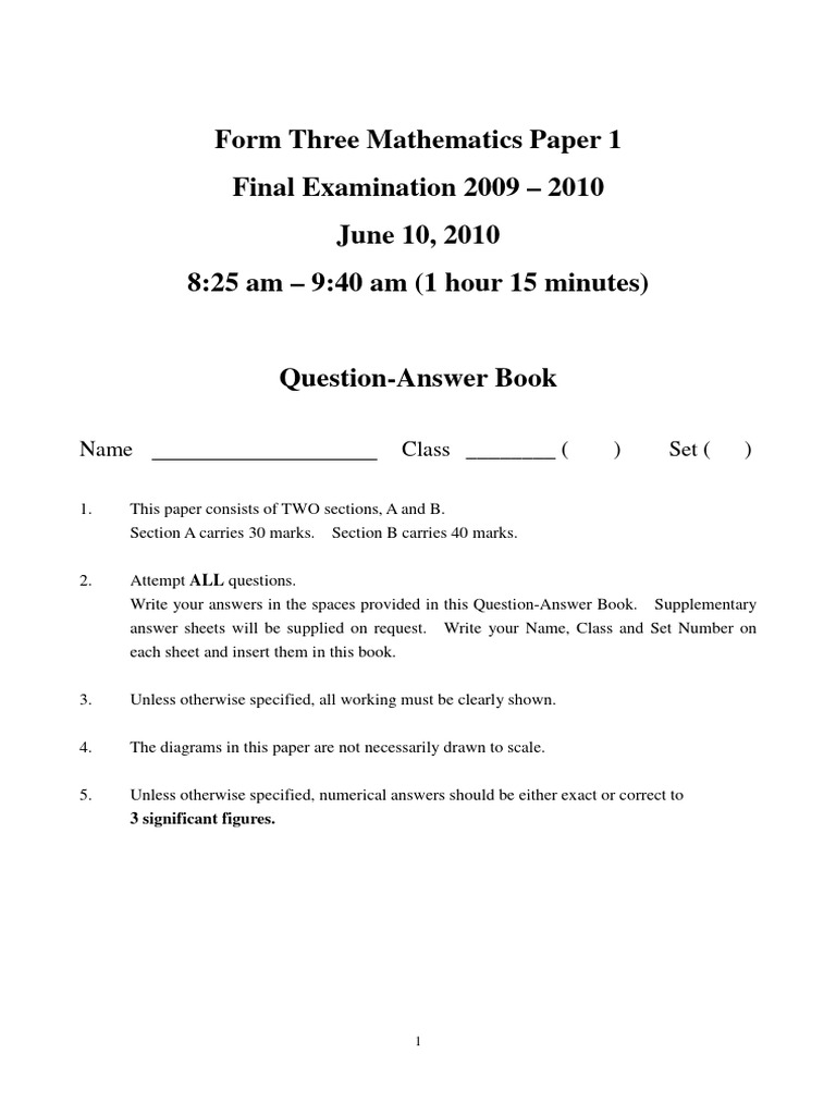 SPCC F3 Math 2009-2010 2nd Term Exam Paper I | PDF | Elementary ...