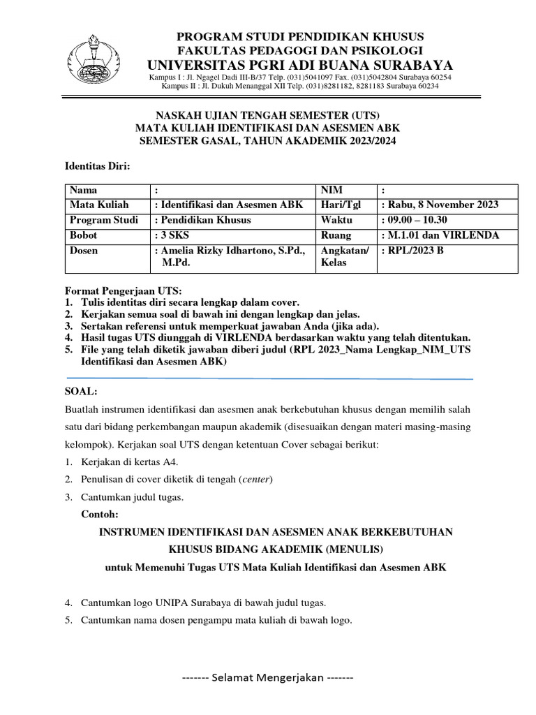 RPL - Uts Identifikasi & Asesmen Abk 2023 B | PDF | Sains & Matematika