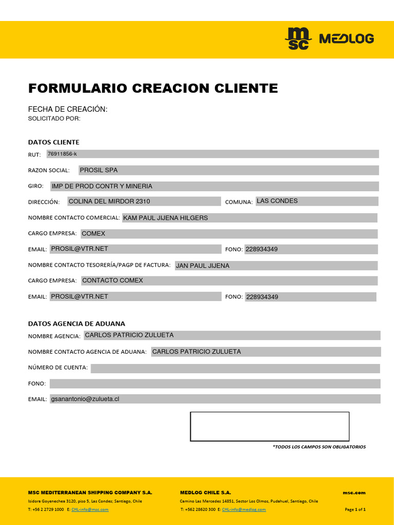 Formulario Creacion Cliente MSC Medlog | PDF
