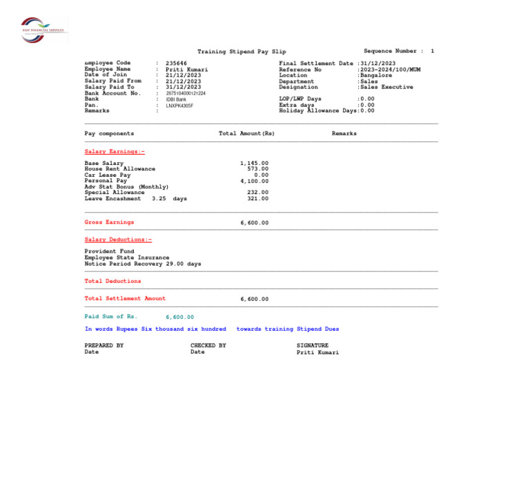 Training Stipend Payment Slip | PDF | Salary | Factor Income Distribution