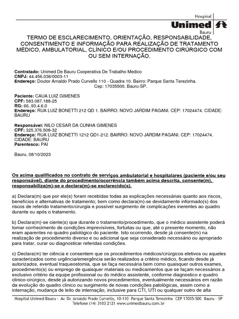 Termo de Esclarecimento Orientacao Responsabilidade Consentimento e Informacao | PDF